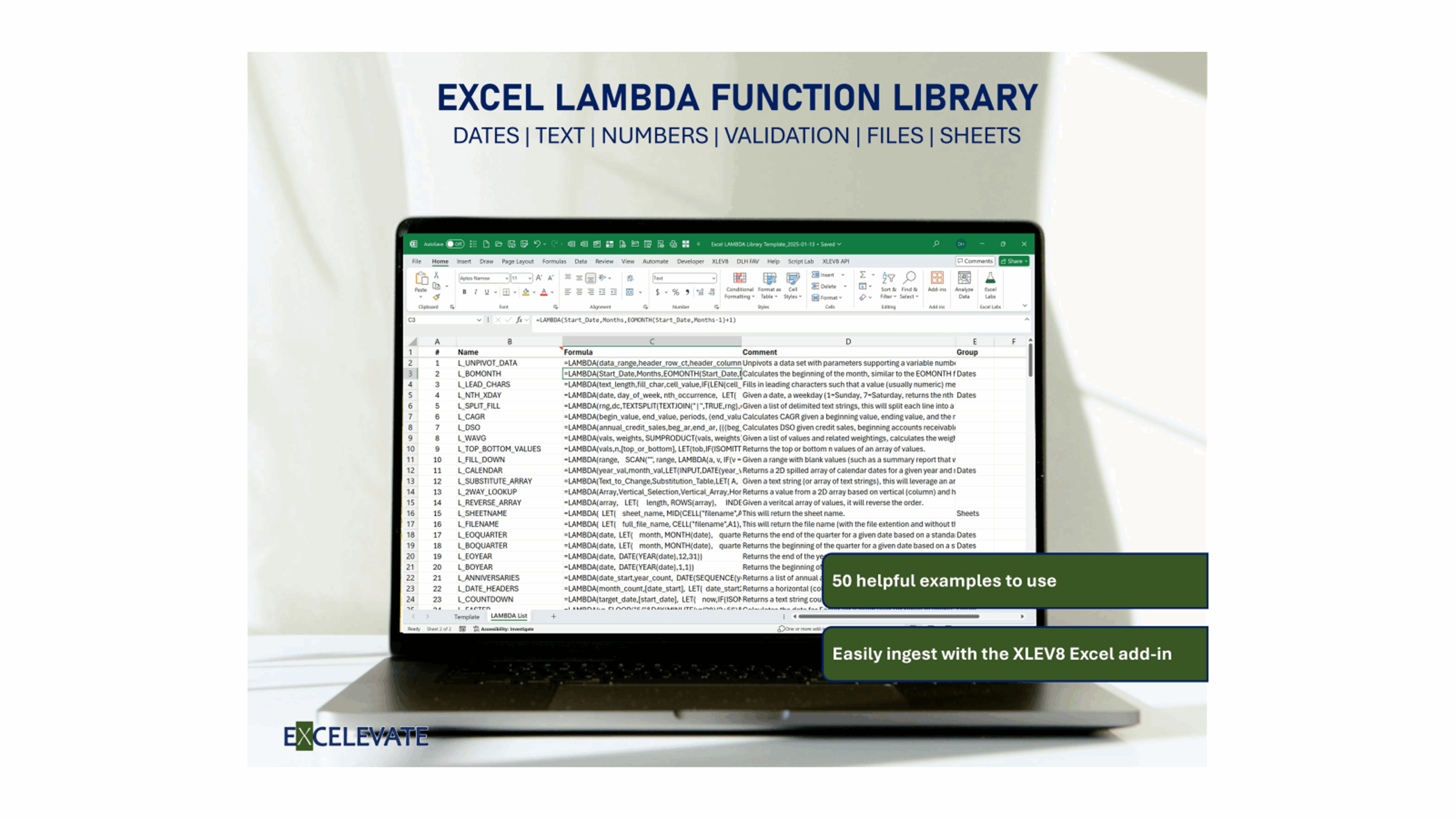 Excel Custom LAMBDA Formula Library Template - Excelevate.co